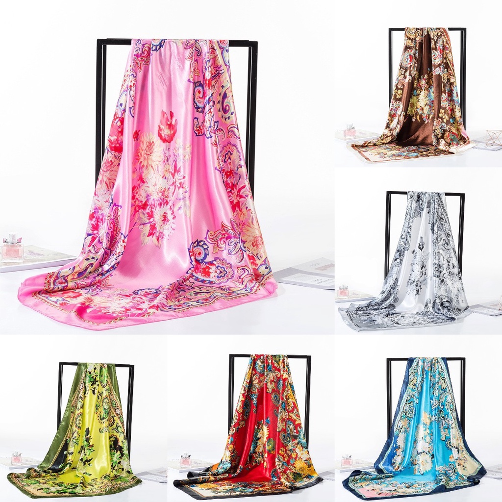 Fashion Tudung Printed Flowers Satin Bawal Large Square Scarf Muslim ...