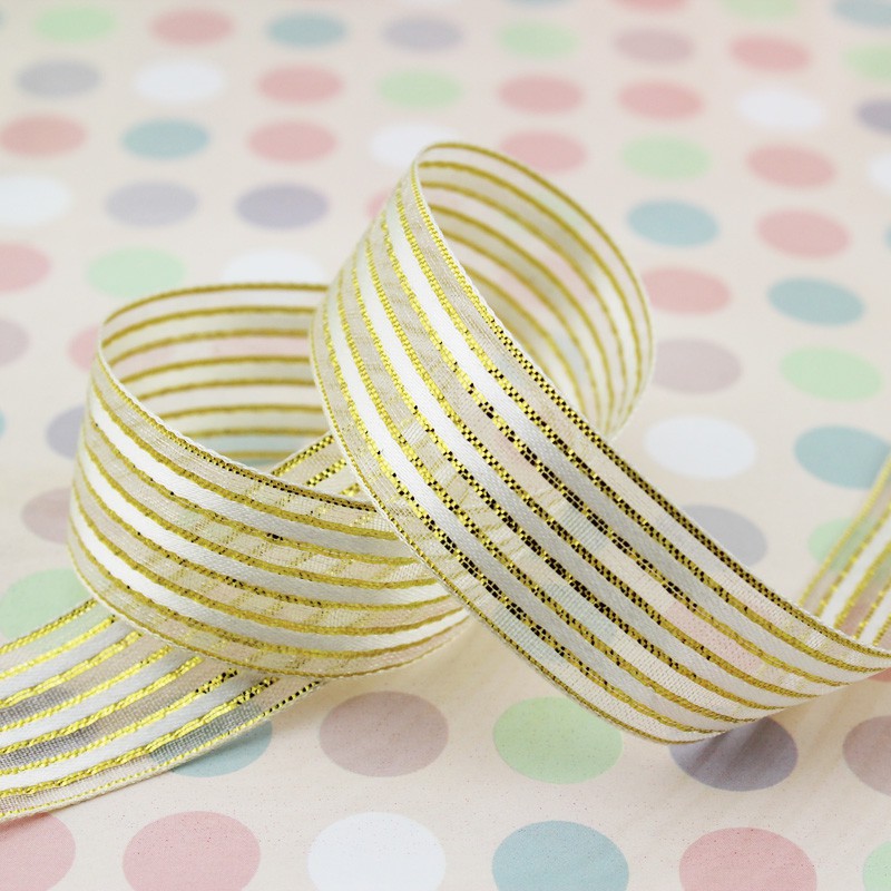 15mm (25 yards/roll) White gold stripe gift packaging ribbon high ...