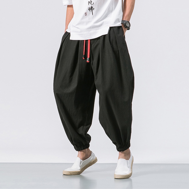 Casual trousers loose big size linen pants men loose wide leg pants big crotch pants bloomer ...