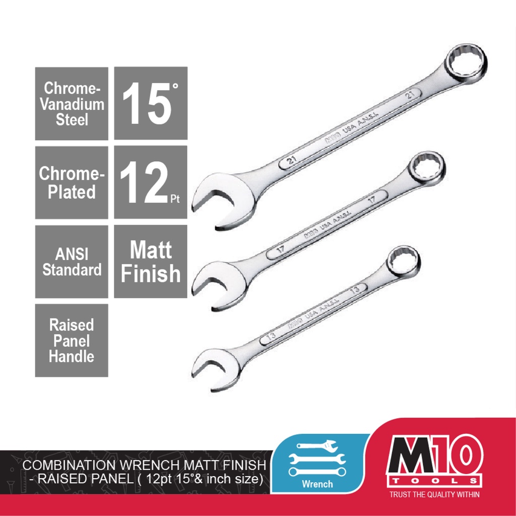 M10 Combination Wrench Matt Finish - Raised Panel (12pt 15°) - inch - 1 ...