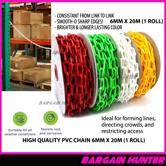 20 METER (1 ROLL) 6MM High Quality Colour PVC Chain Plastic Link Chain ...