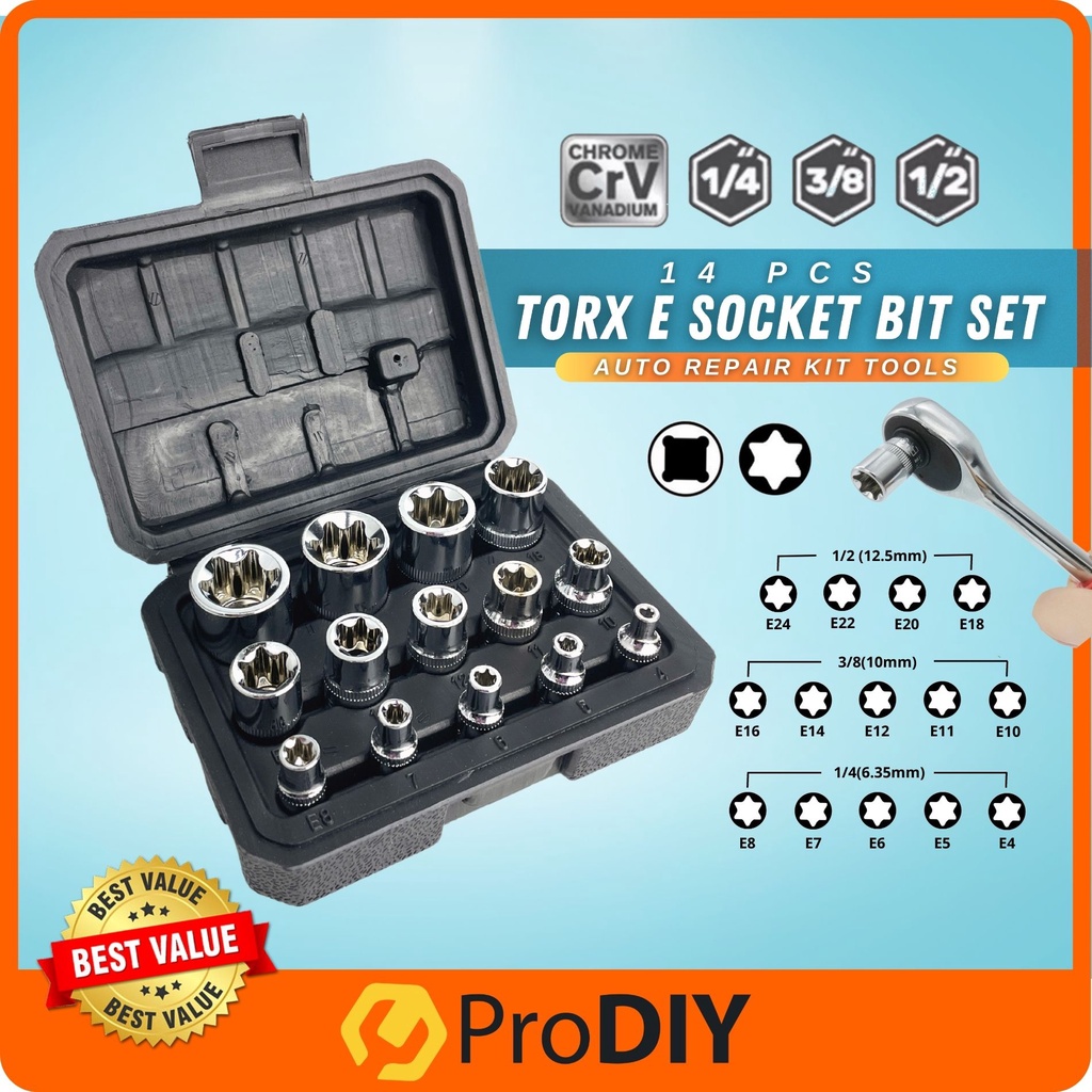 14 Pcs Torx E Socket Bit Set Torx Socket Set Rachet Set Steel Repair
