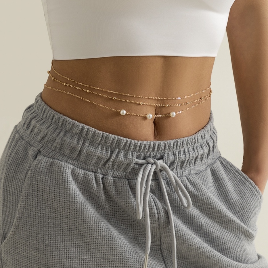 Triple Layered Pearl and Metal Copper Bead Chain Waist Chain Layered ...