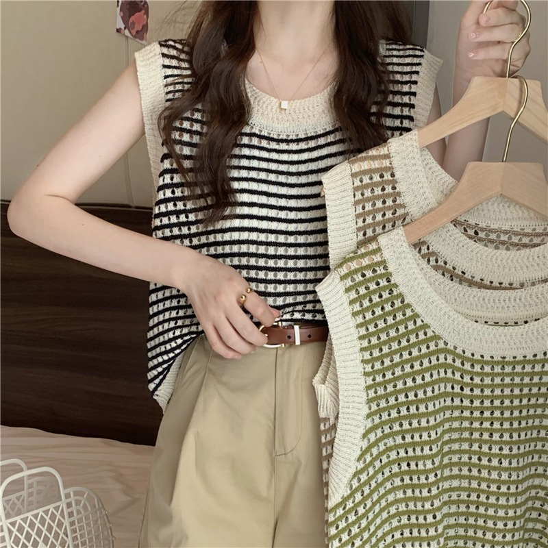 622189 Summer Striped Inner Cut Knitted Vest Women Niche Loose Outer