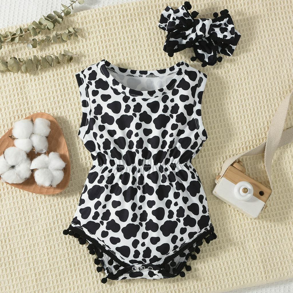 Infant Girl Boy Trendy Cow Pattern Onesie And Headband Casual Pom-Pom ...