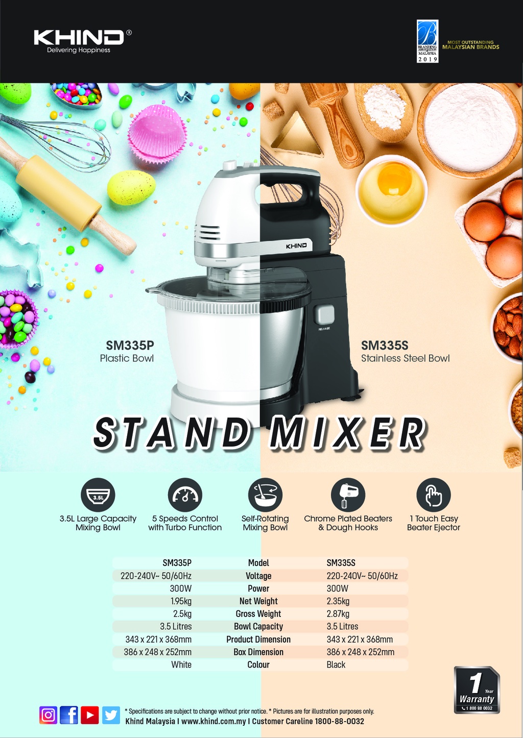 Khind Stand Mixer Cake Mixer 3.5L 300W Mesin Buat Kek 搅拌机 SM335P ...