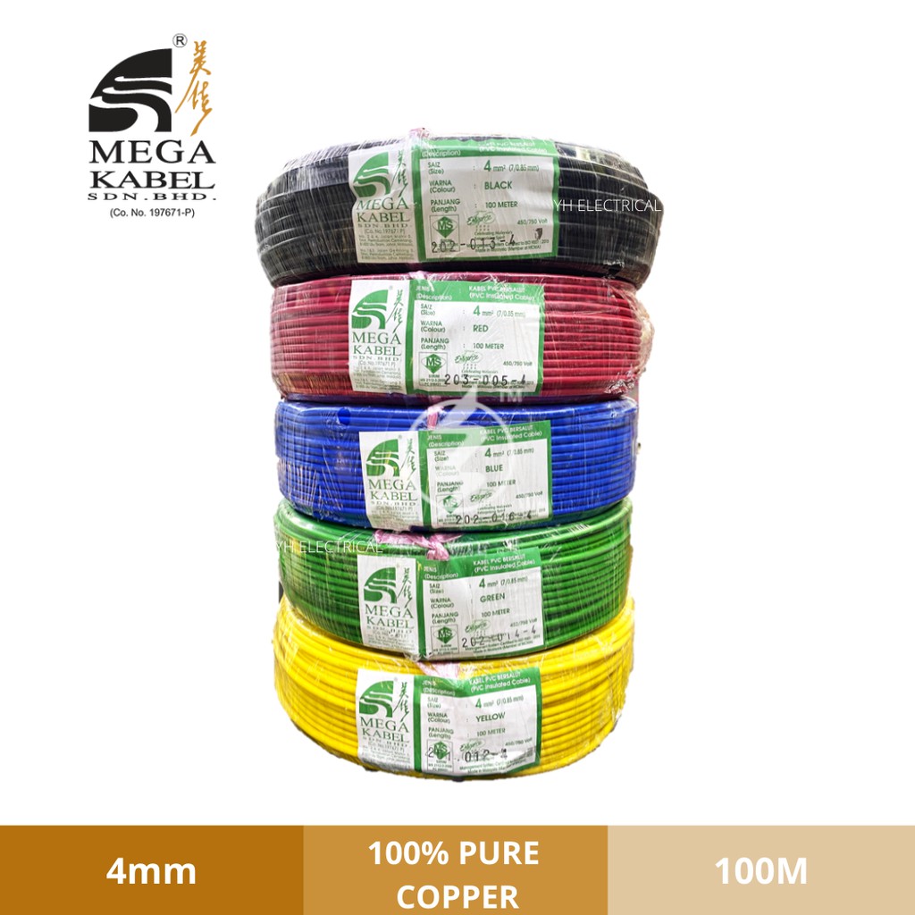 MEGA Kabel 4MM Insulated PVC 100% Pure Copper Cable (SIRIM) wire kabel elektrik wiring | Shopee ...