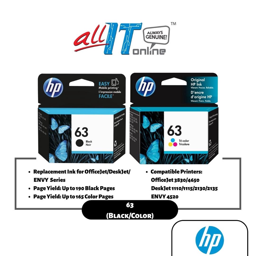 HP 63 Ink Cartridge (Black/Color) ( F6U62AA / F6U61AA ) | Shopee Malaysia