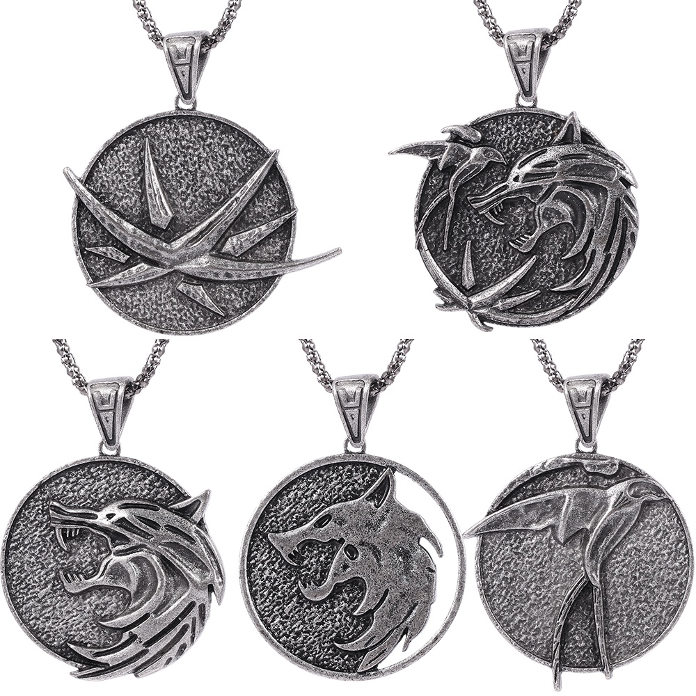 Vintage Gothic Witcher Wizard Pendant Necklace For Men Wolf Head Geralt ...