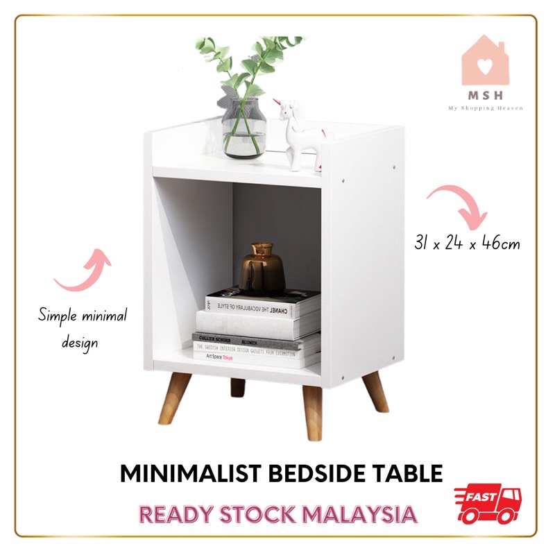 Minimalist Nordic White Bedside Table Book Storage Wooden Leg / Rak ...