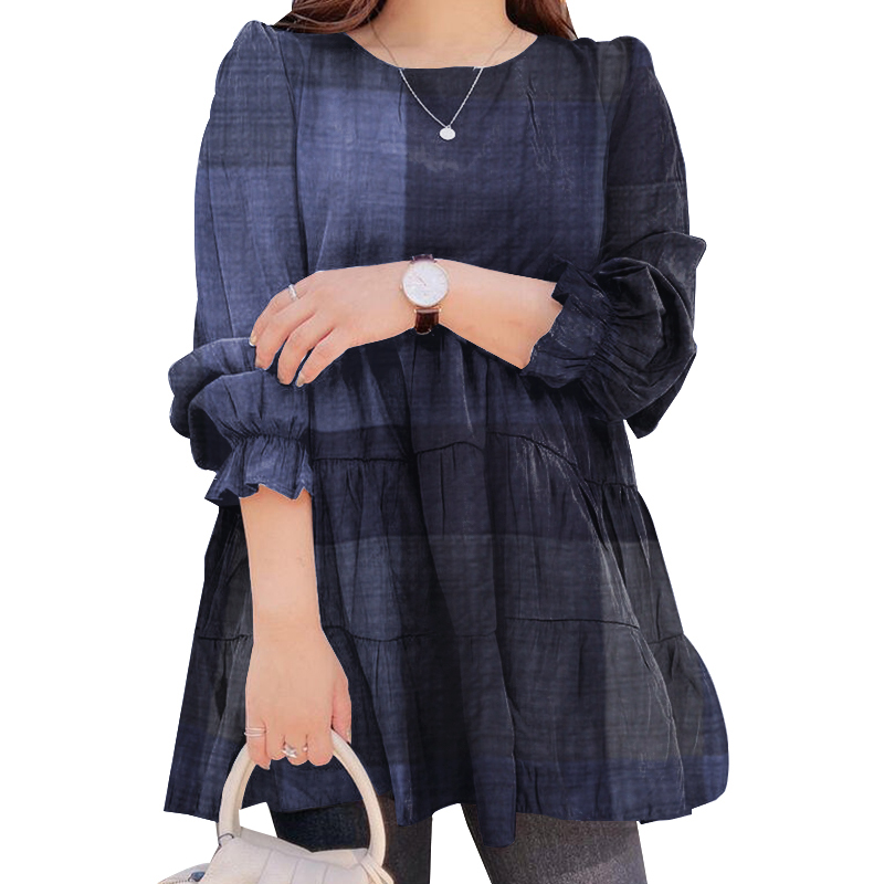 Zanzea Women Vintage Long Puff Sleeve O Neck Plaid Printing Spliced