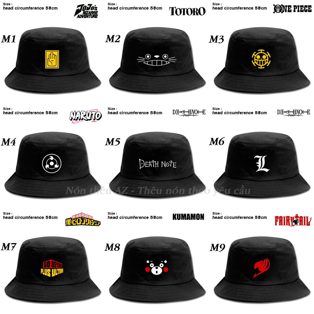 Bucket hat embroidered with anime logo naruto one piece death note ...