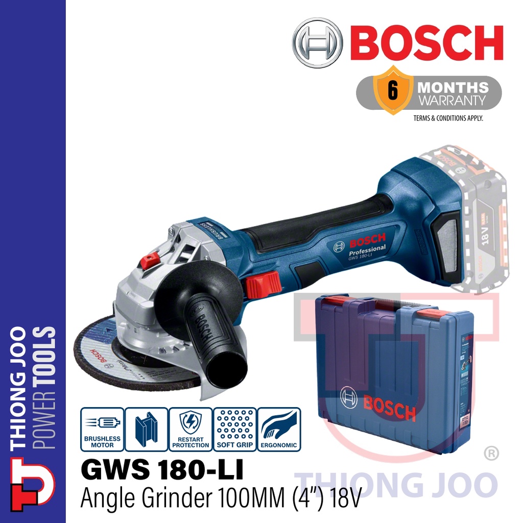 BOSCH GWS 180-LI PROFESSIONAL BRUSHLESS CORDLESS ANGLE GRINDER | Shopee ...