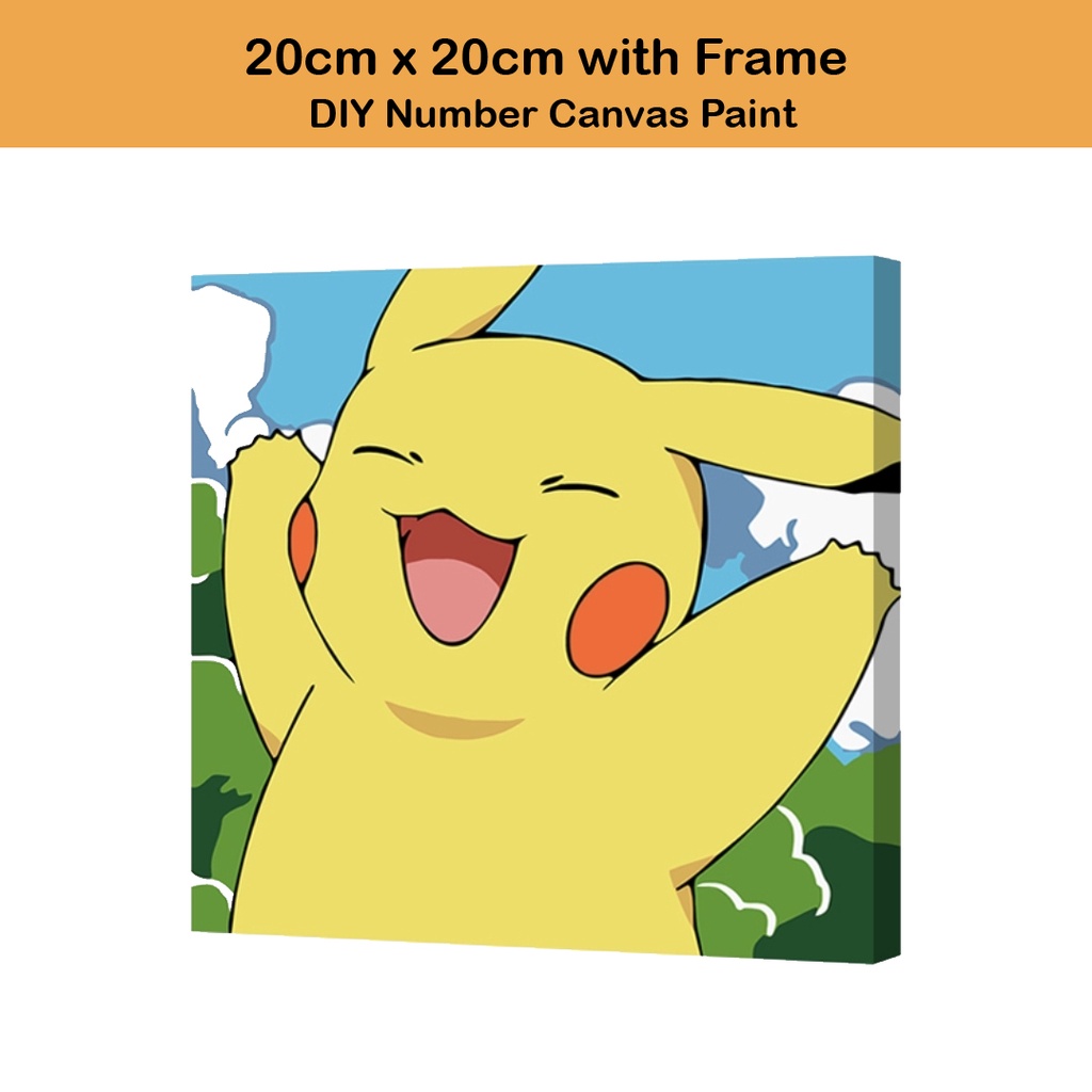 Diy Kids Colour Number Painting 20x20cm Canvas with Frame Pickachu ...