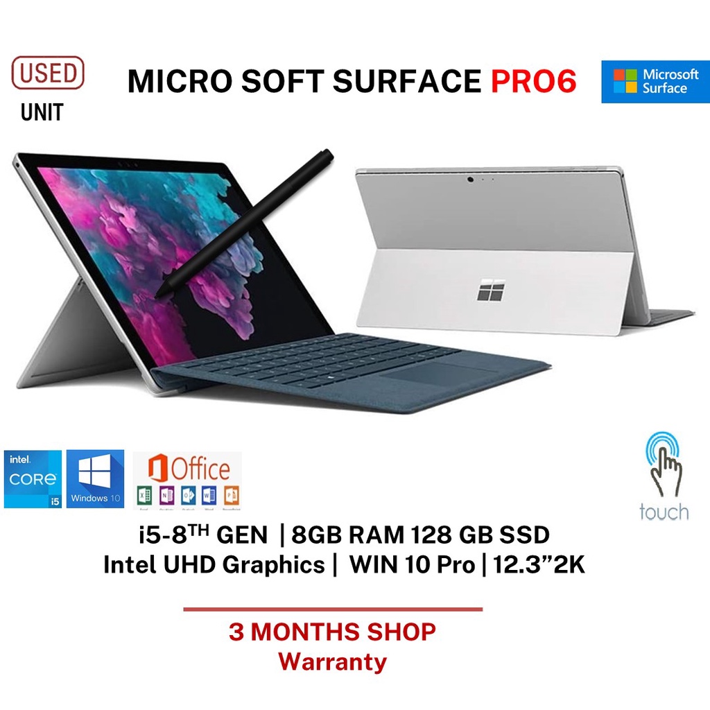 MICROSOFT SURFACE PRO 6 8GBRAM/128GBSSD CORE i5/8GEN MICROSOFT TYPE ...