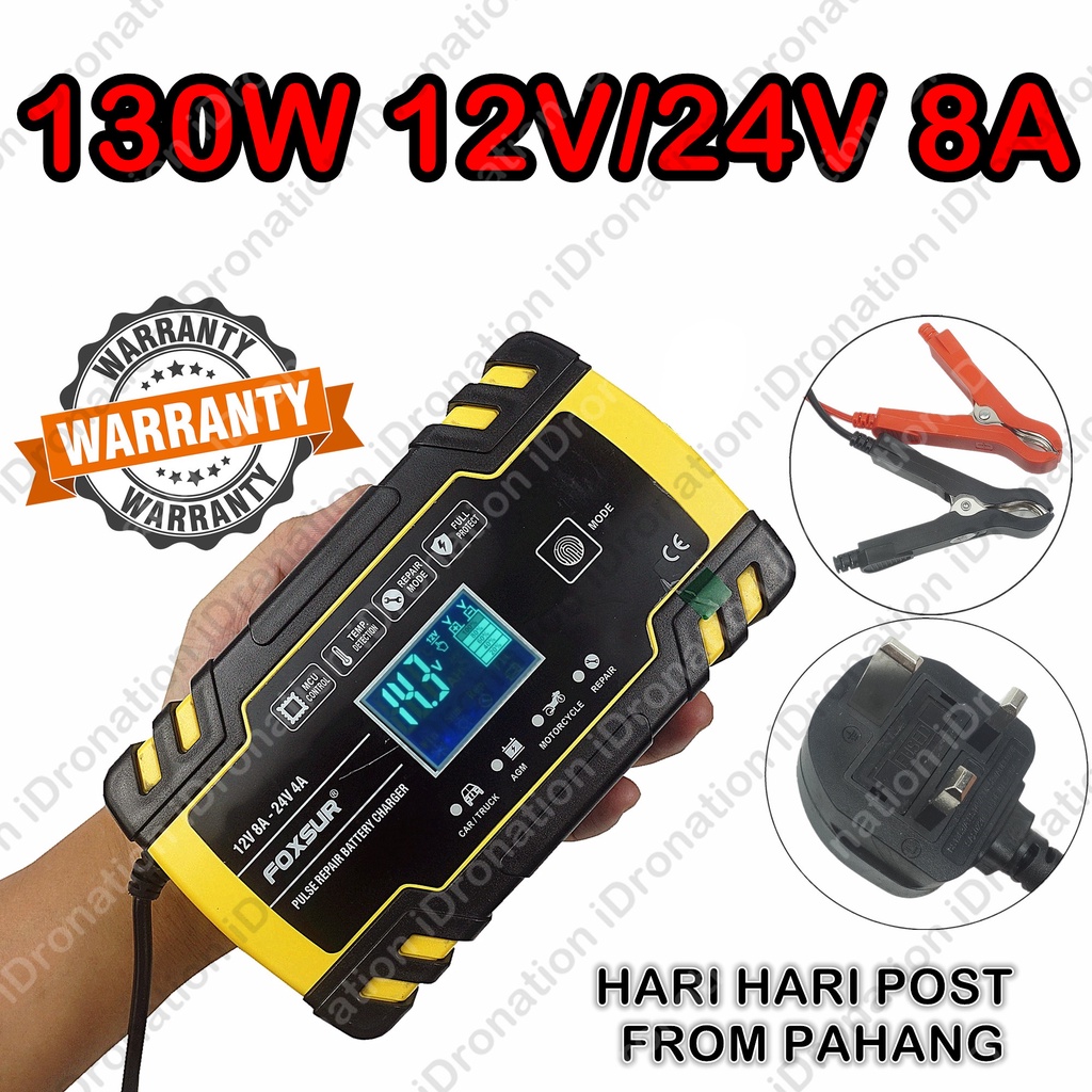 130W FOXSUR 12V 24V 8A Fast Car Battery Charger Lead Acid Pengecas Bateri Kereta Motorsikal ...