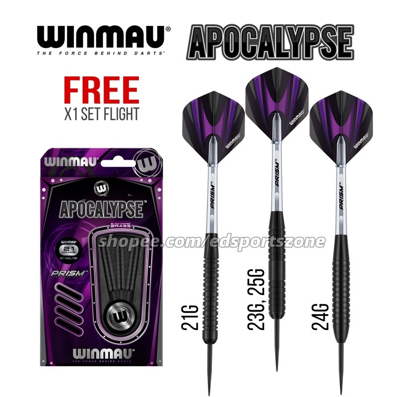 Winmau Apocalypse Steel Tip Darts Brass Black Coated Dart Set Mata Besi ...