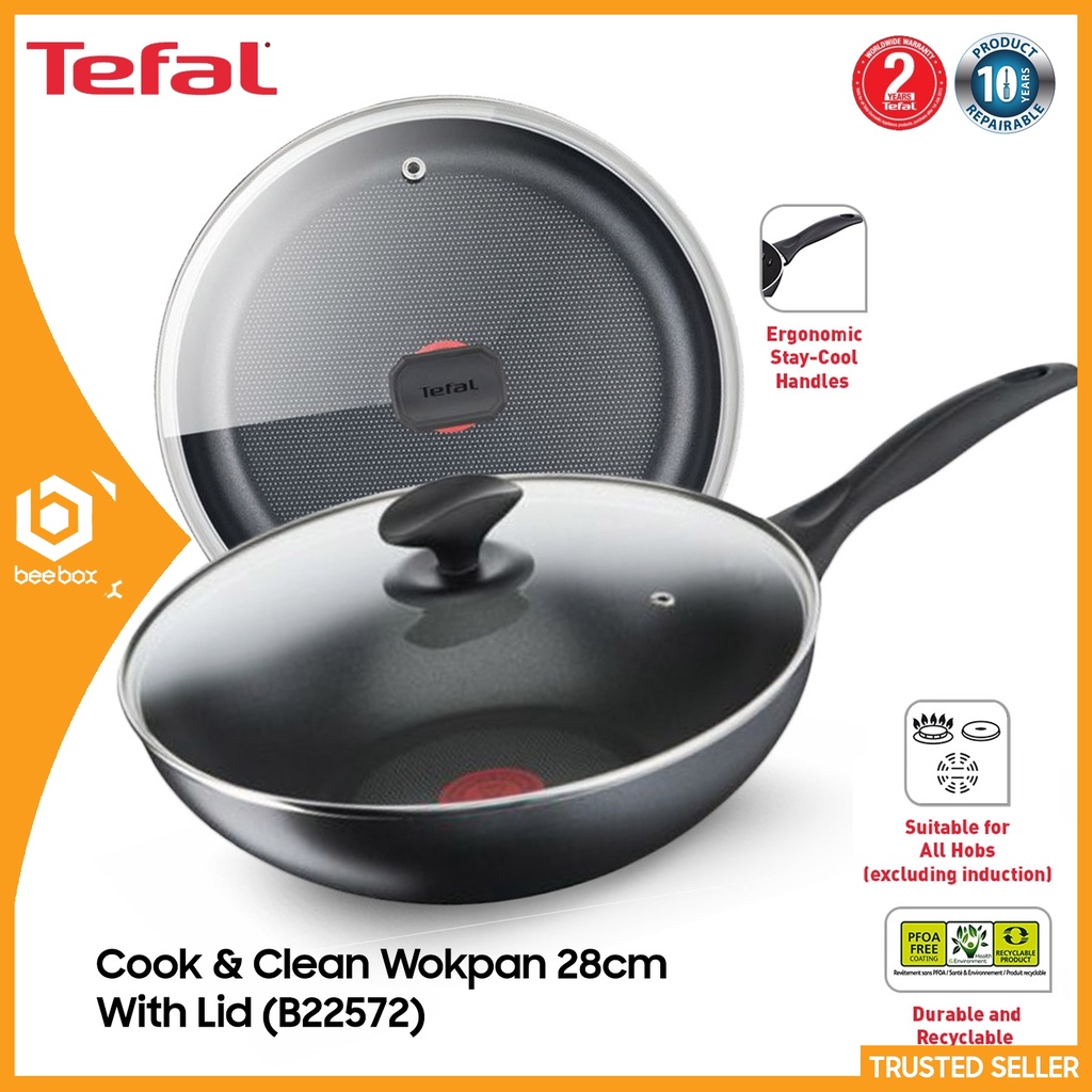Tefal Cook & Clean Wok Pan 28cm Black With Lid Thermo-signal technology Ergonomic stay B22572 ...