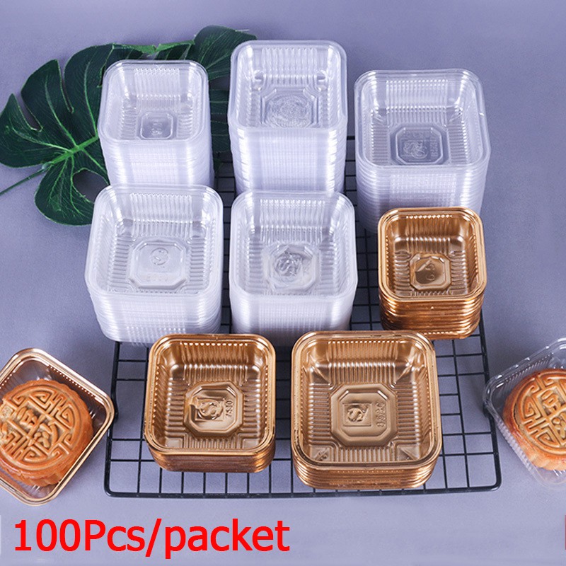 100Pcs Golden Transparent Moon Cake Tray Moon Cake Box Container Food ...