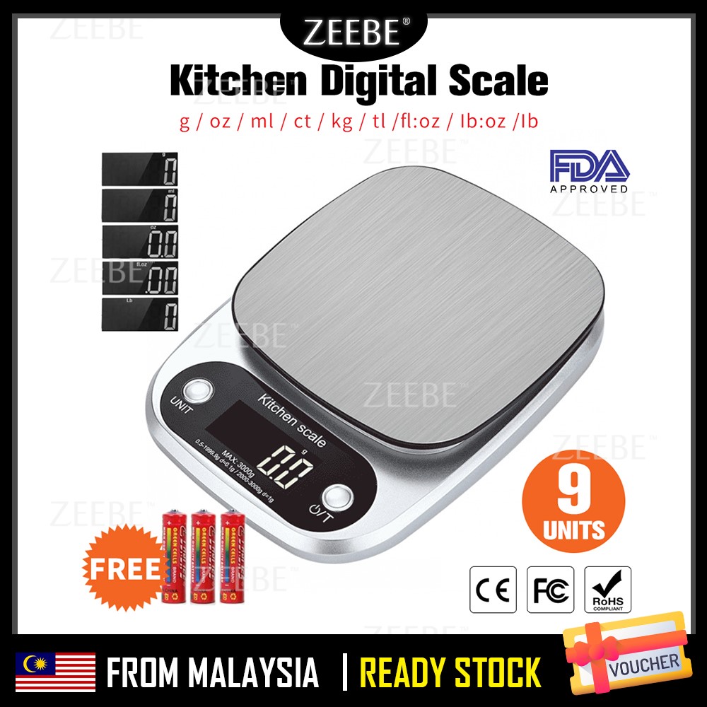 ZEEBE BackLit Display Steel 0.1g 3Kg Digital Kitchen Food Weight ...
