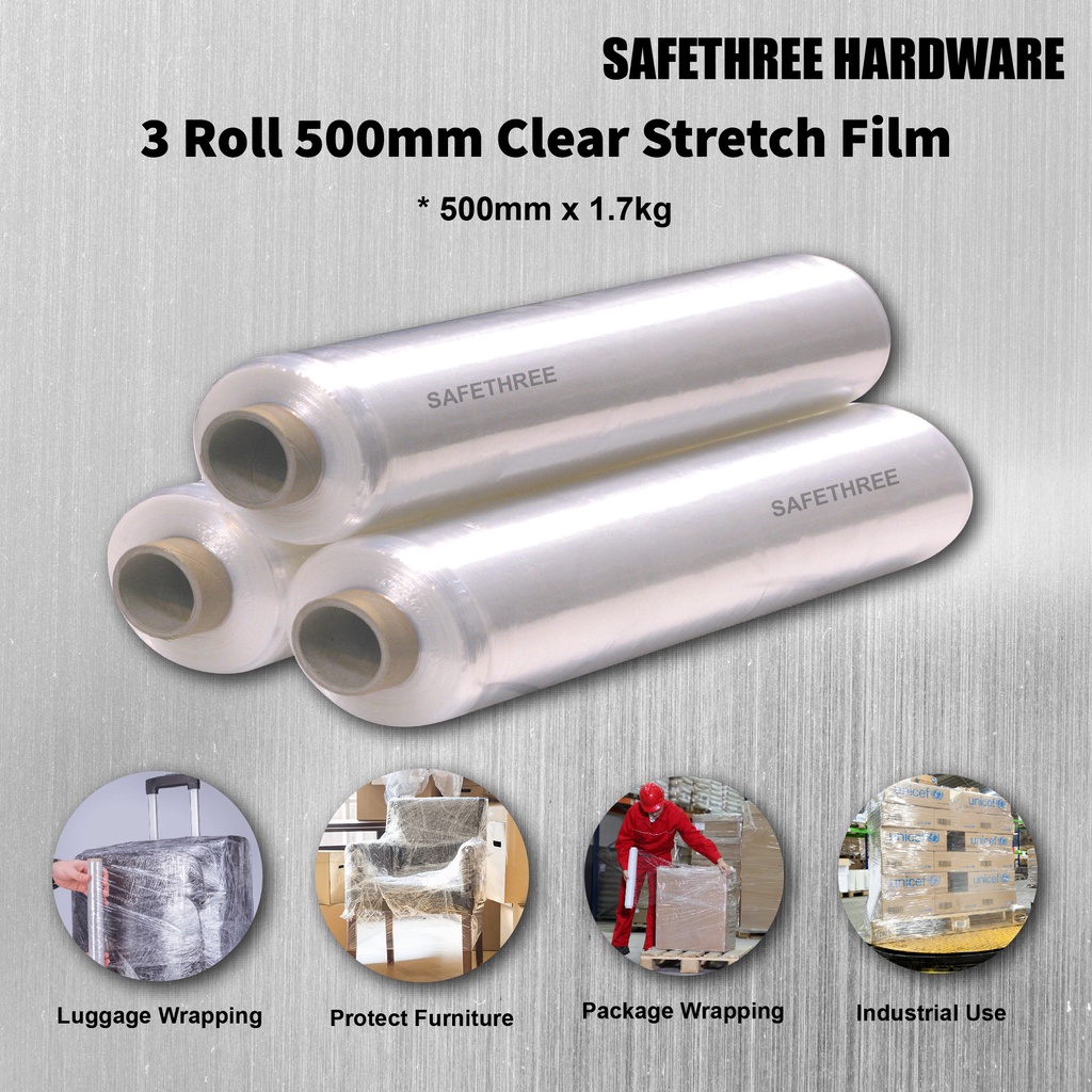 (3 Roll) 500mm x 1.7kg Clear Stretch Film / Wrapping Plastic Wrap Roll ...