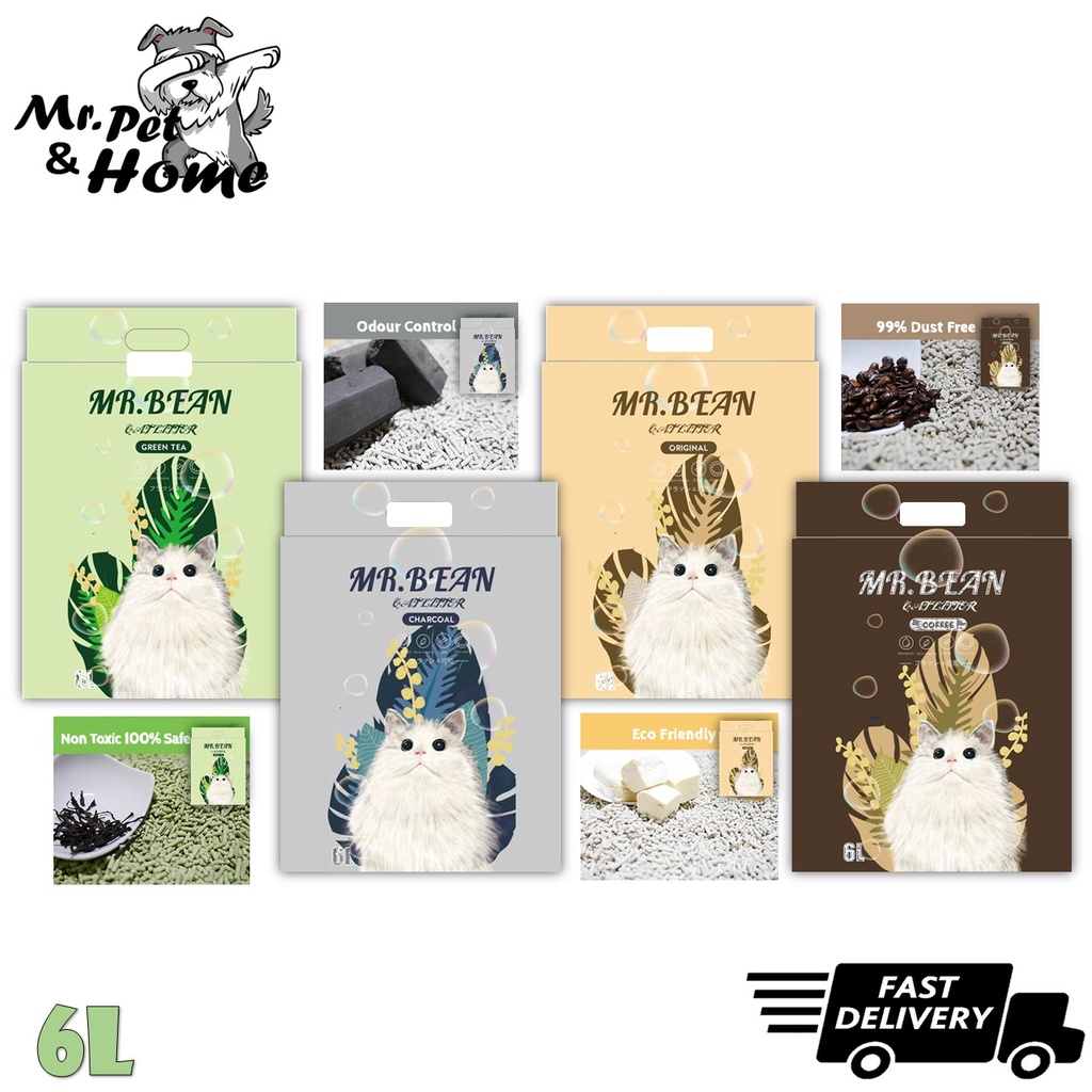 Mr Bean Premium Tofu Cat Litter 6l - green tea / charcoal /coffee ...
