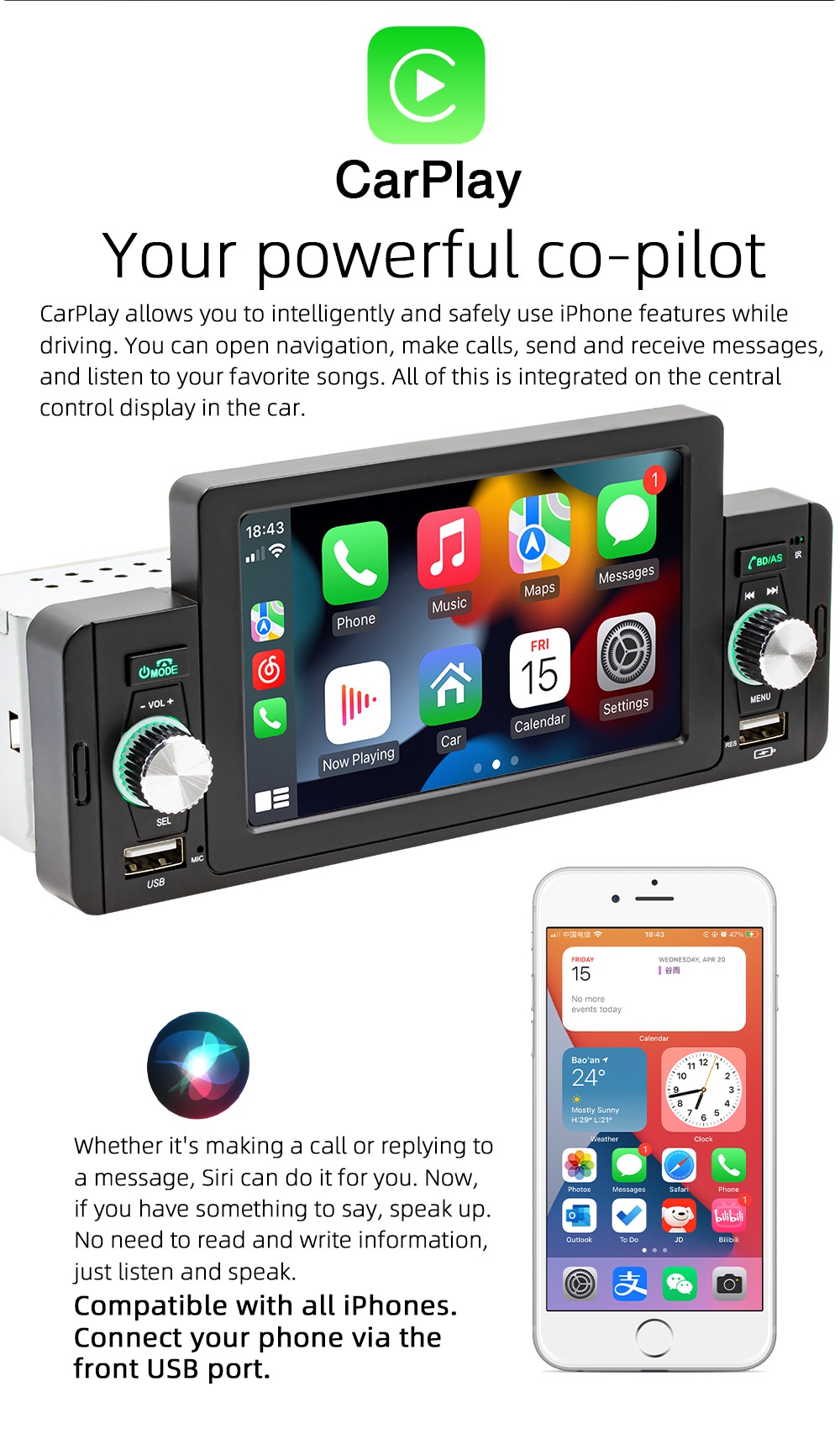 ESSGOO Single 1 Din 5" Car Player Bluetooth Multimedia MP5 Player With Carplay Android Auto FM ...