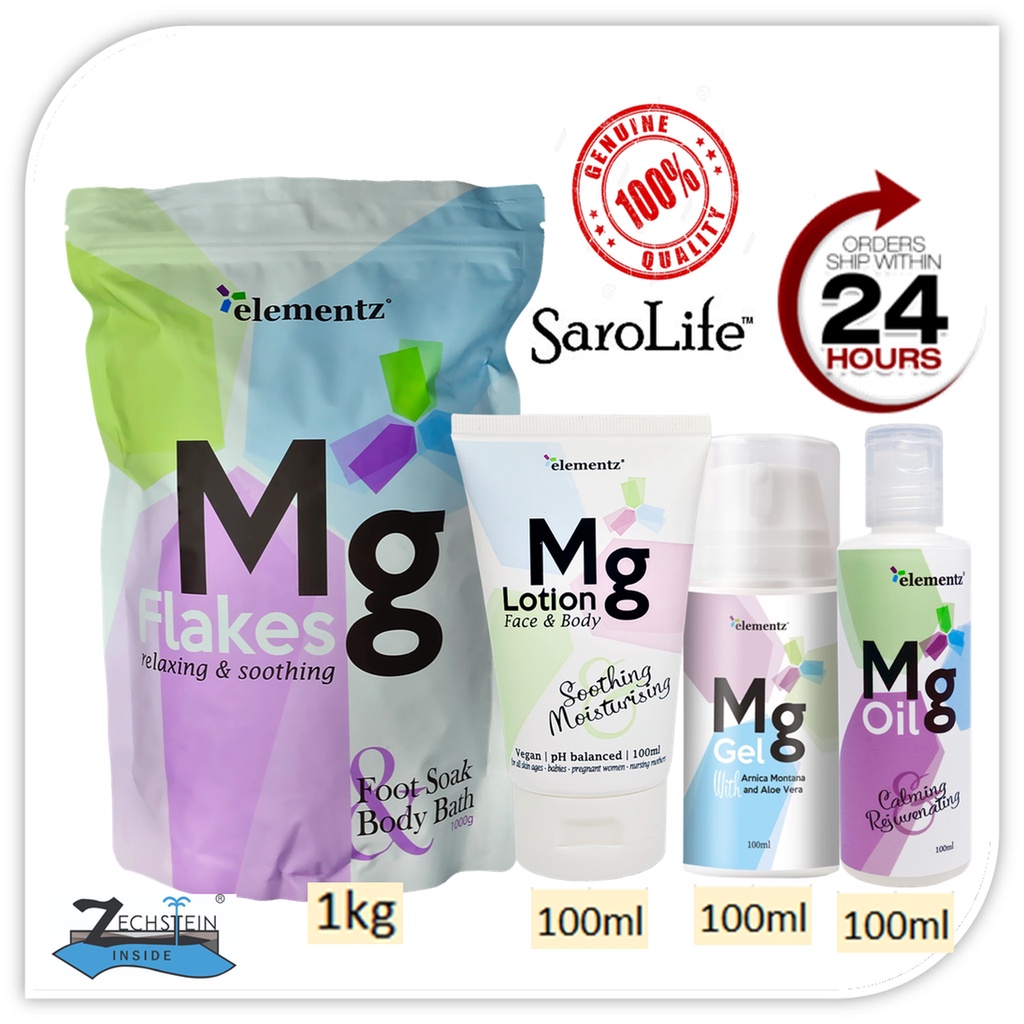 Elementz Magnesium Combo {Flakes 1kg + GEL 100ml + Oil 100ml + Lotion ...