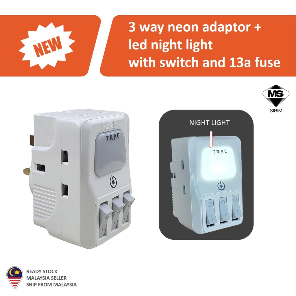 13A 3 Way Adaptor With Switch And Touch Switch Led Night Light (three ...