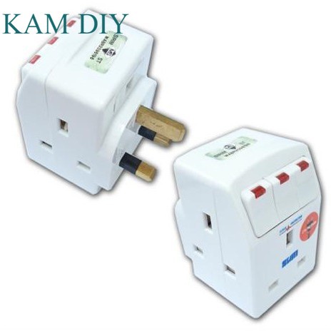 3 Way 3 Pin Adapter SUM S133N with Neon Switch & Surge Protector ...