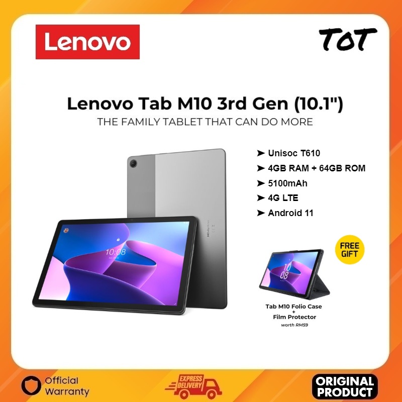 LENOVO Tab M10 3rd Gen (JTB-328XU) [4GB RAM + 64GB ROM] 10.1 Inch | Unisoc T610 | Support Face ...
