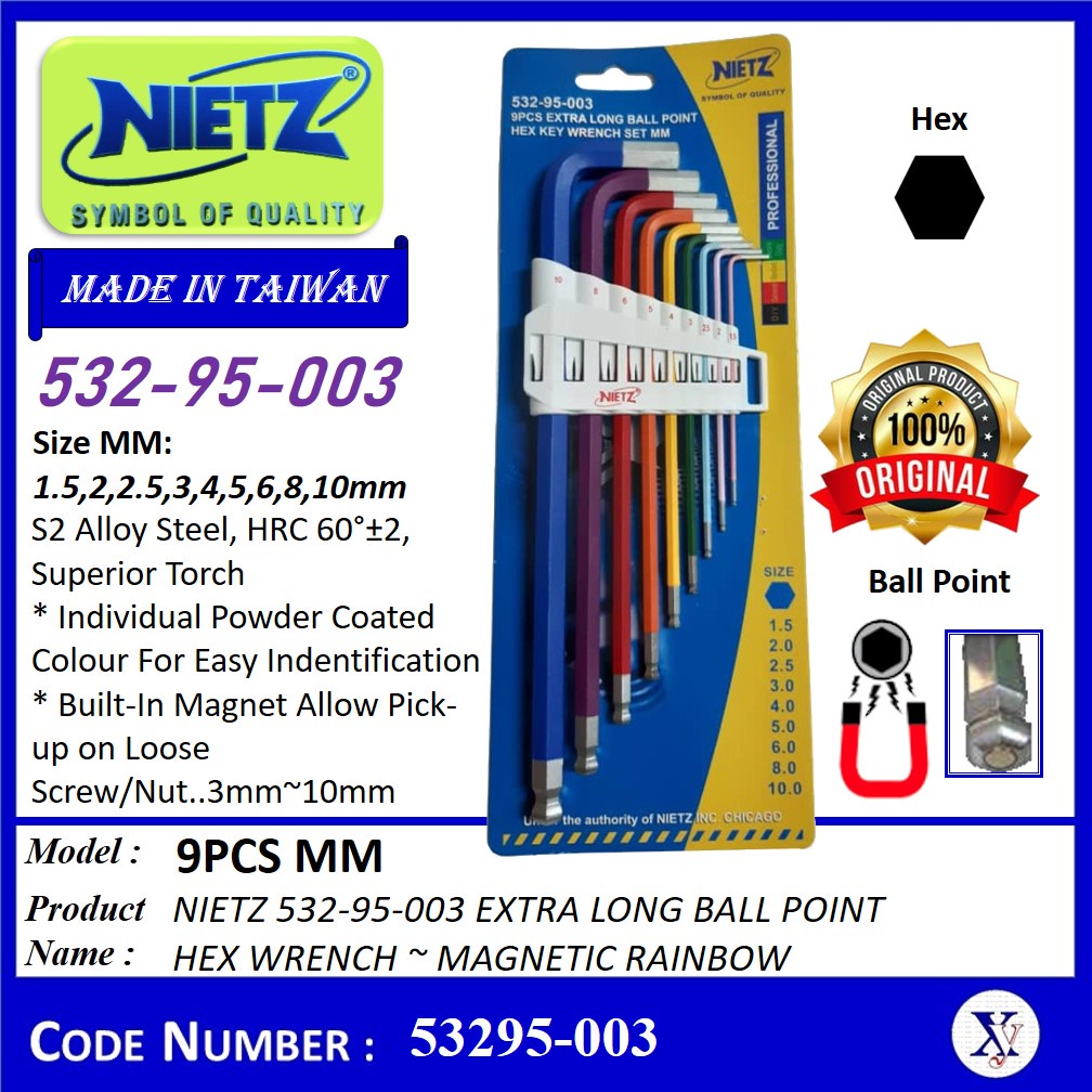 53295-003 (9pcs MM) NIETZ EXTRA LONG BALL POINT HEX WRENCH ~ MAGNETIC ...