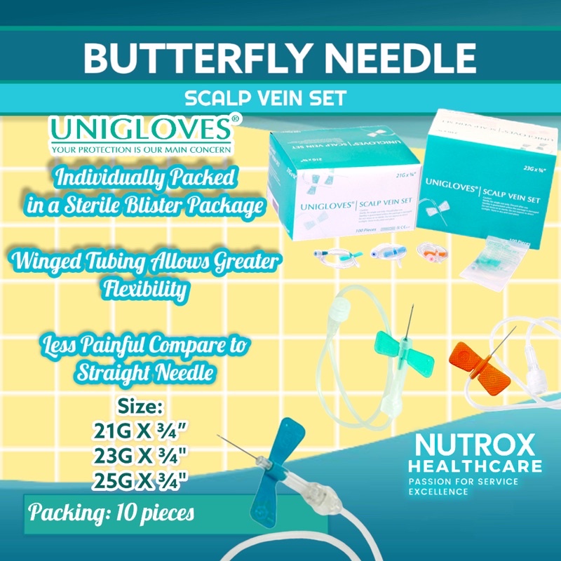 UNIGLOVES BUTTERFLY Scalp Vein Set 10pcs/pack 21G, 23G, 25G Sterile ...