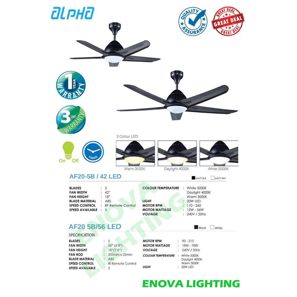 ALPHA LED CEILING FAN 5 BLADE 42 INCH 56 INCH (AF20LED-5B) | Shopee ...