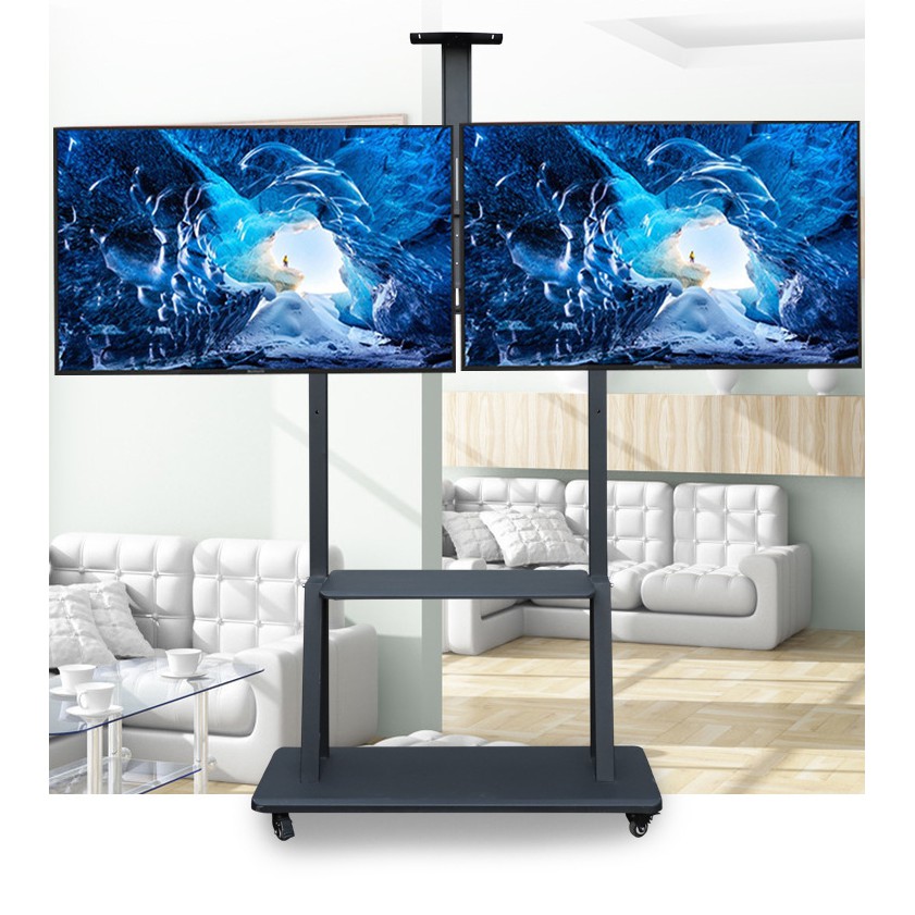 Heavy Duty Mobile Dual Screen TV Carts With Wheels and Large Shelf ...