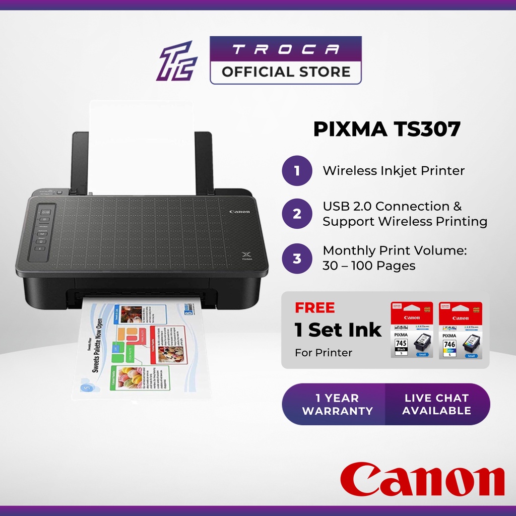Canon Wifi Printer PIXMA TS307 One-Touch Direct Wireless Connection ...