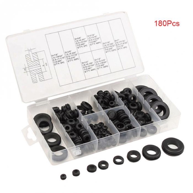 180pcs Grommet Assortment Kit Round Rubber Grommet Black 8 Sizes Plugs ...