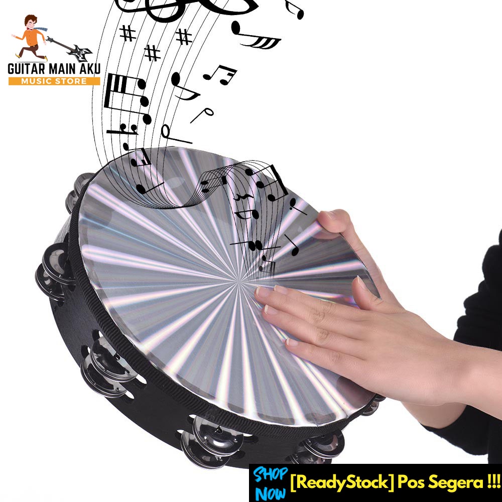 🎼Pos Segera🎸 10 Inch Wooden Radiant Tambourine Handbell Hand Drum with ...