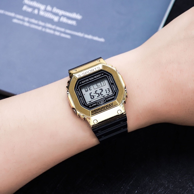 Self-made golden yellow small square watch black and white with ...