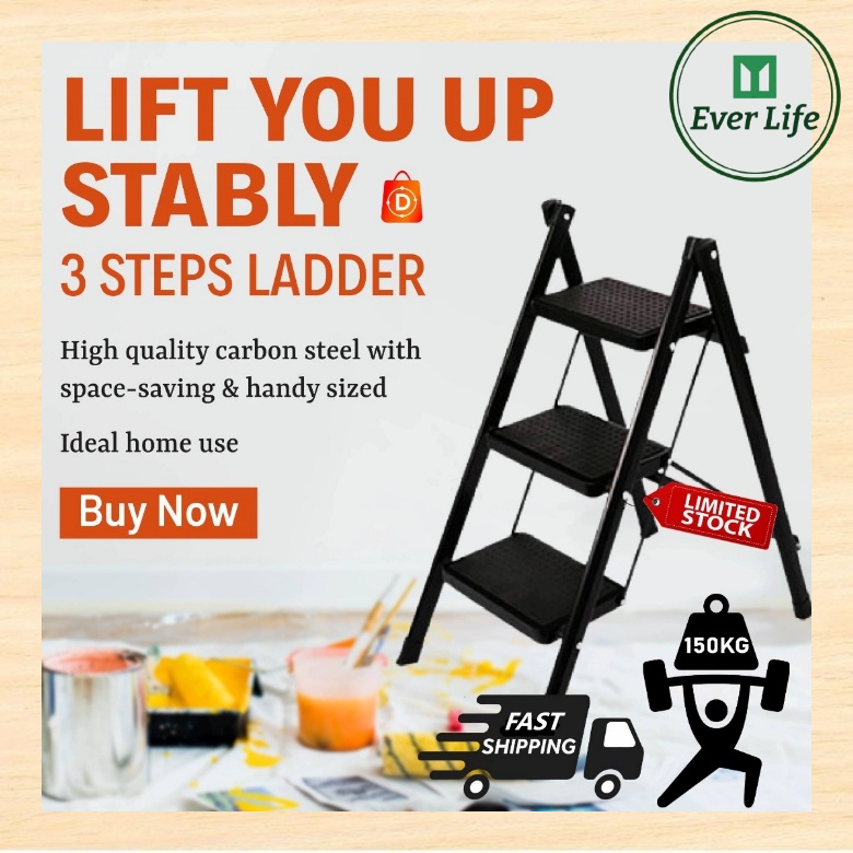 3 Steps Ladder High Quality Lightweight Carbon Steel Foldable Ladder ...