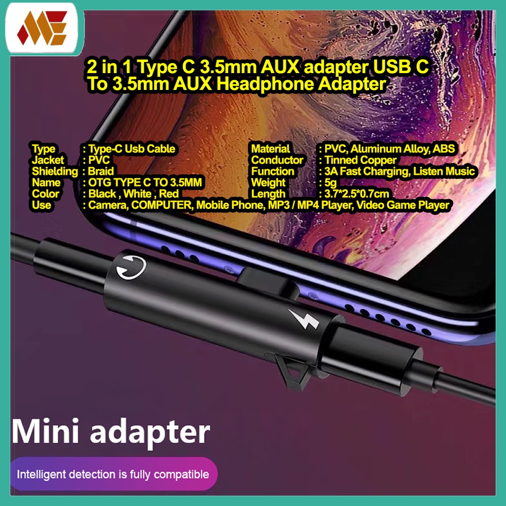 2 in 1 Type C 3.5mm AUX Adapter USB C to 3.5mm AUX Headphone Adapter ...