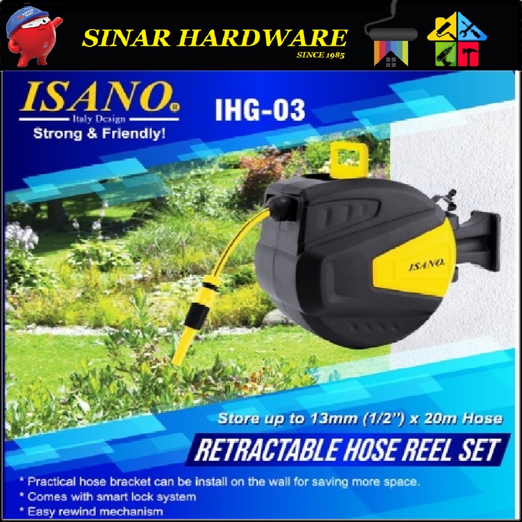 SINAR ISANO 20M Wall Mounted Automatic Reel Retractable Water Hose Reel ...