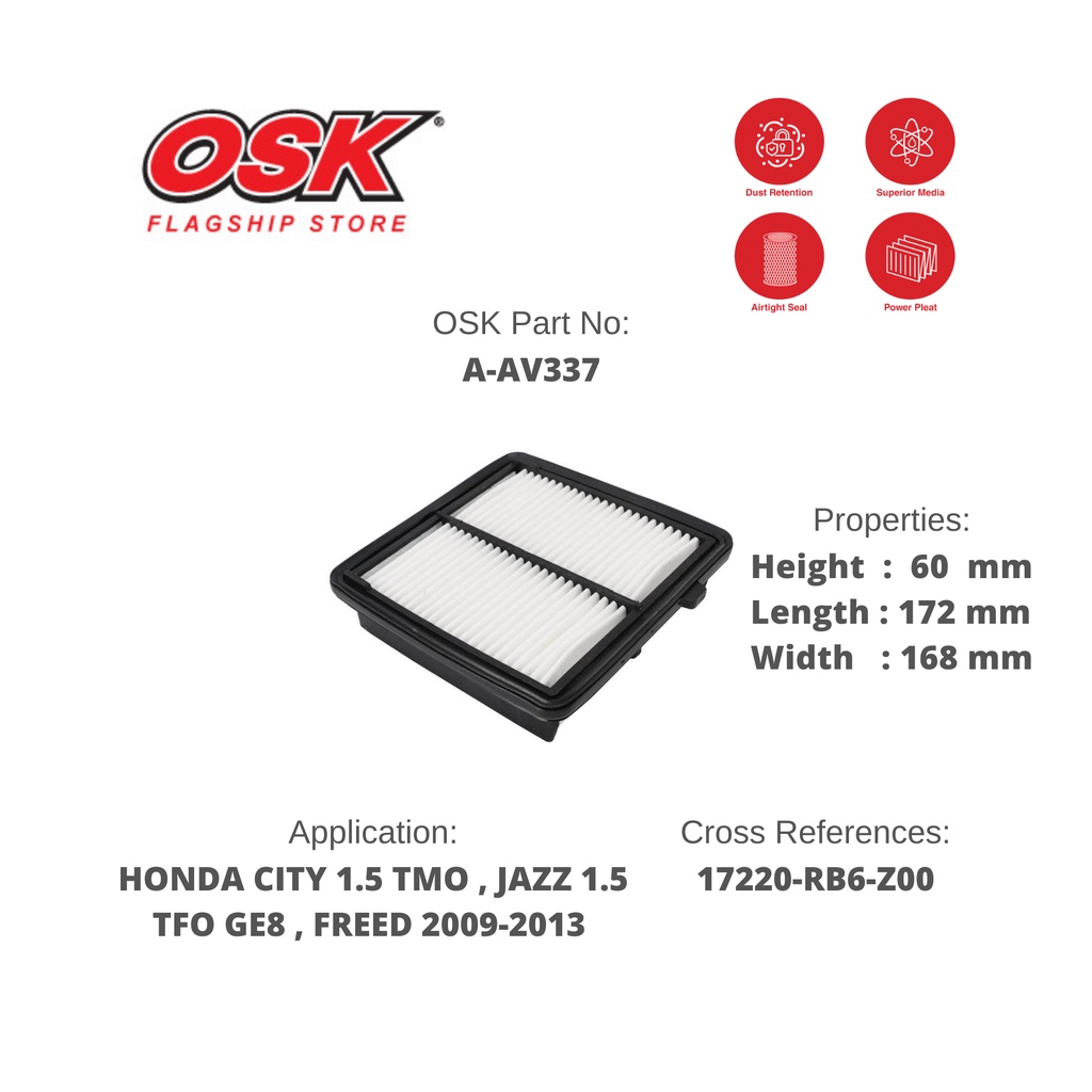 OSK AIR FILTER for HONDA CITY 1.5 TMO , JAZZ 1.5 TFO GE8 , HONDA FREED ...