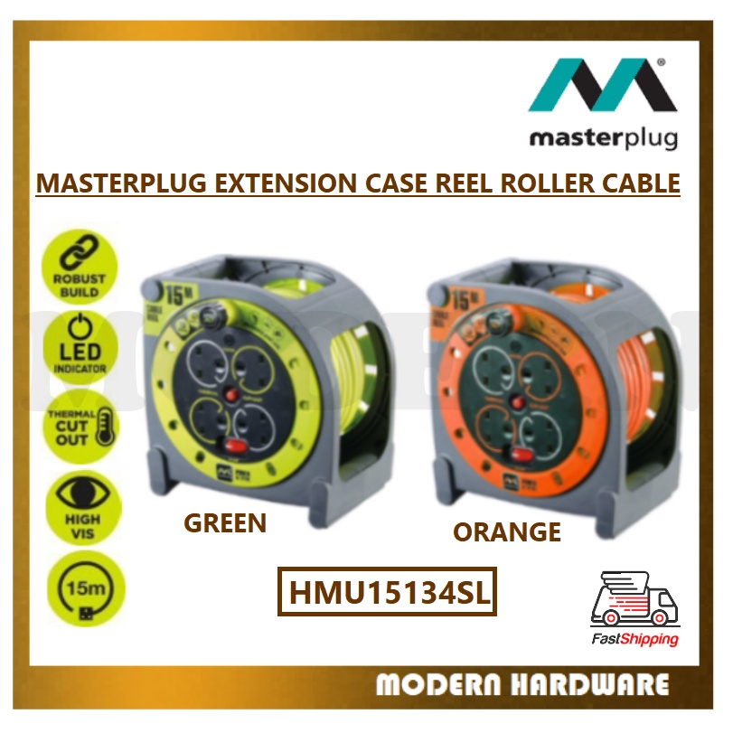 MASTERPLUG 4 GANG WORK 15M EXTENSION CASE REEL ROLLER CABLE (HMU15134SL ...