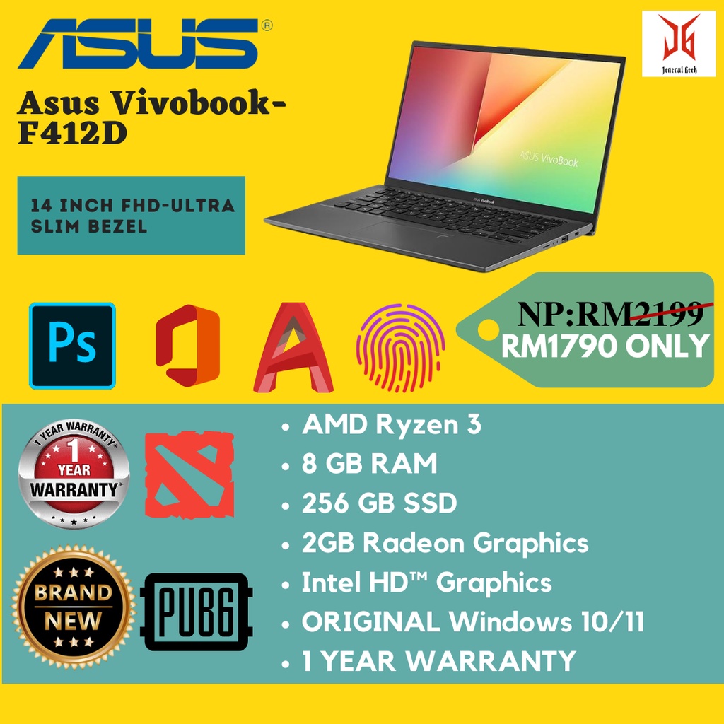 ASUS VivoBook F412D Laptop - AMD Ryzen 3 3250U - 8GB DDR4 RAM 256GB SSD ...