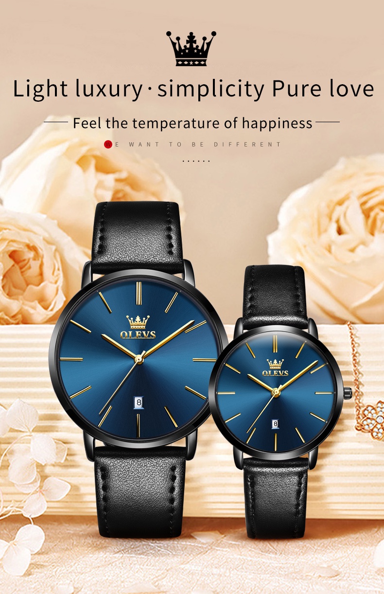 OLEVS Thin Couple Watches Black Leather Original Jam Tangan Couple ...