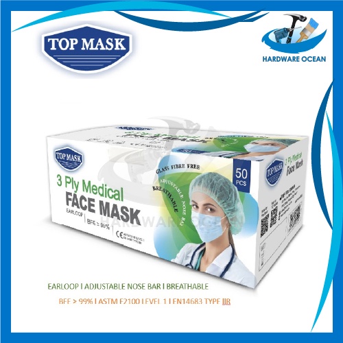 Top Mask Medical 3Ply Face Mask 50Pcs/Box Disposable Earloop Top Glove ...