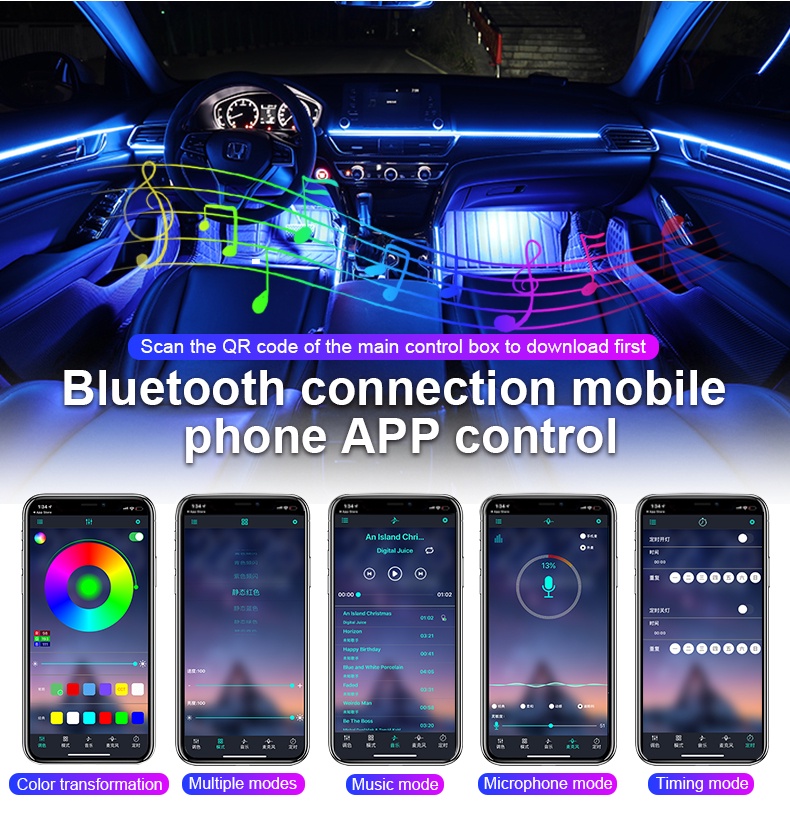 18 In 1 Car Interior Light Bar RGB 64 Colors Acrylic Optical Fiber LED ...