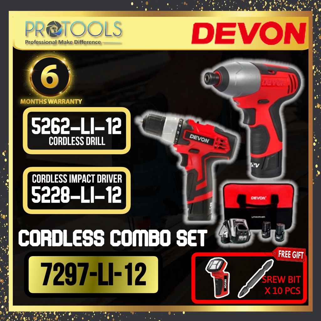 DEVON 7297-Li-12 12V COEDLESS COMBO SET (5262 CORDLESS DRILL + 5228 ...