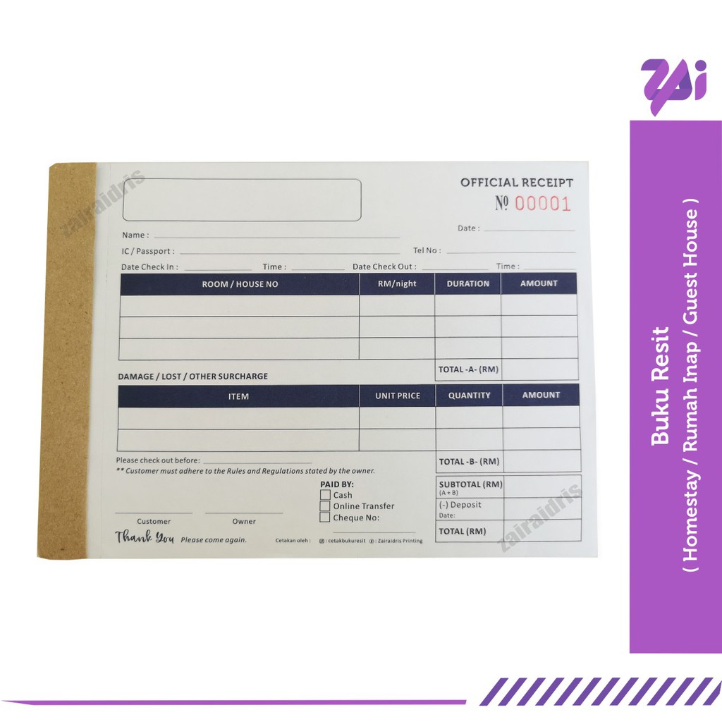 Buku Resit (Sewa Homestay/Rumah Inap/Guest House) | Shopee Malaysia